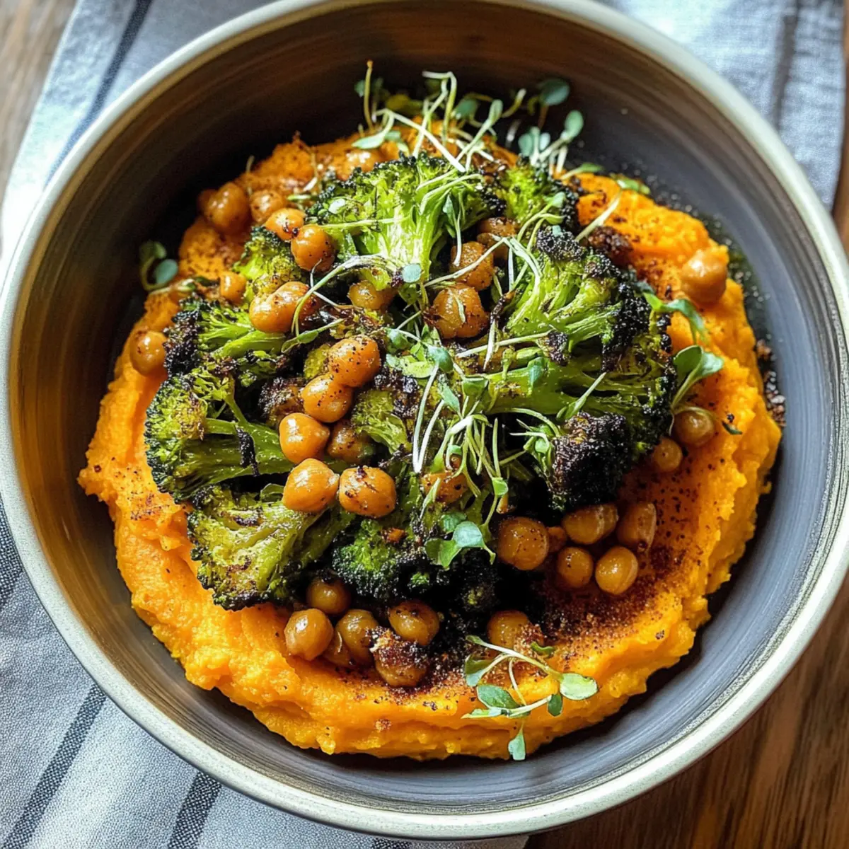 Ultimate Roasted Broccoli with Mashed Miso Sweet Potatoes